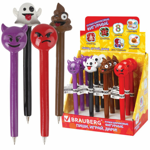 12 шт. Ручка фигурная "смайлики МИКС-2", синяя, 4 дизайна , линия письма 0,5 мм, дисплей, BRAUBERG, 142772