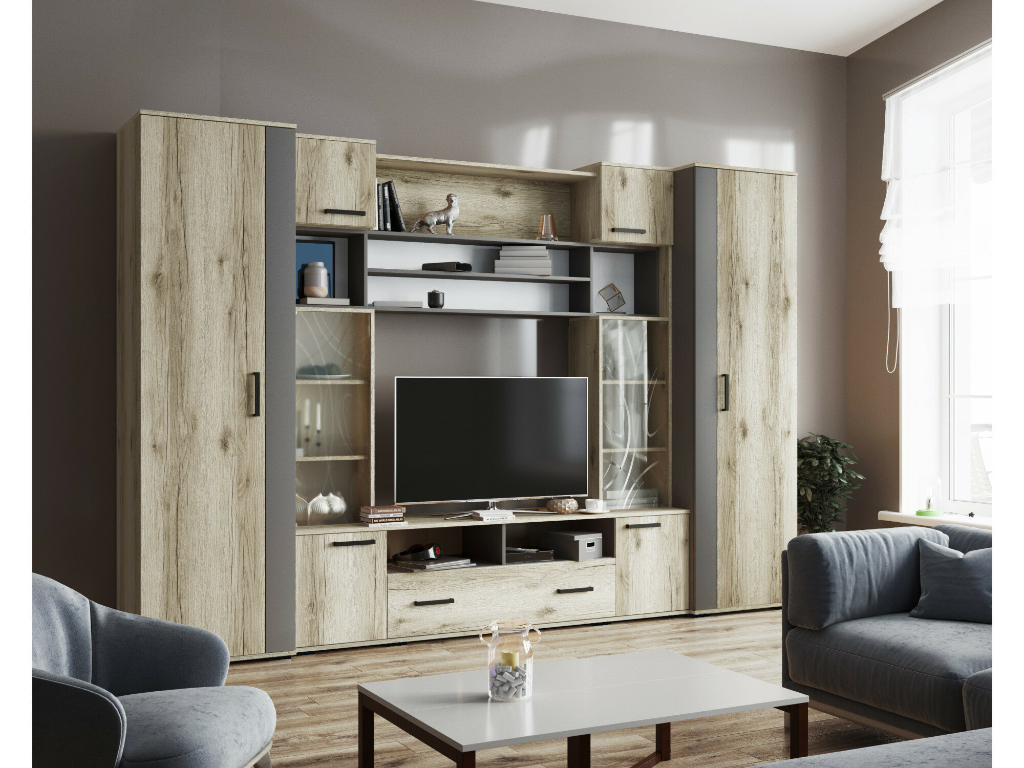 Модульная гостиная в современном стиле, Дуб делано/Графит