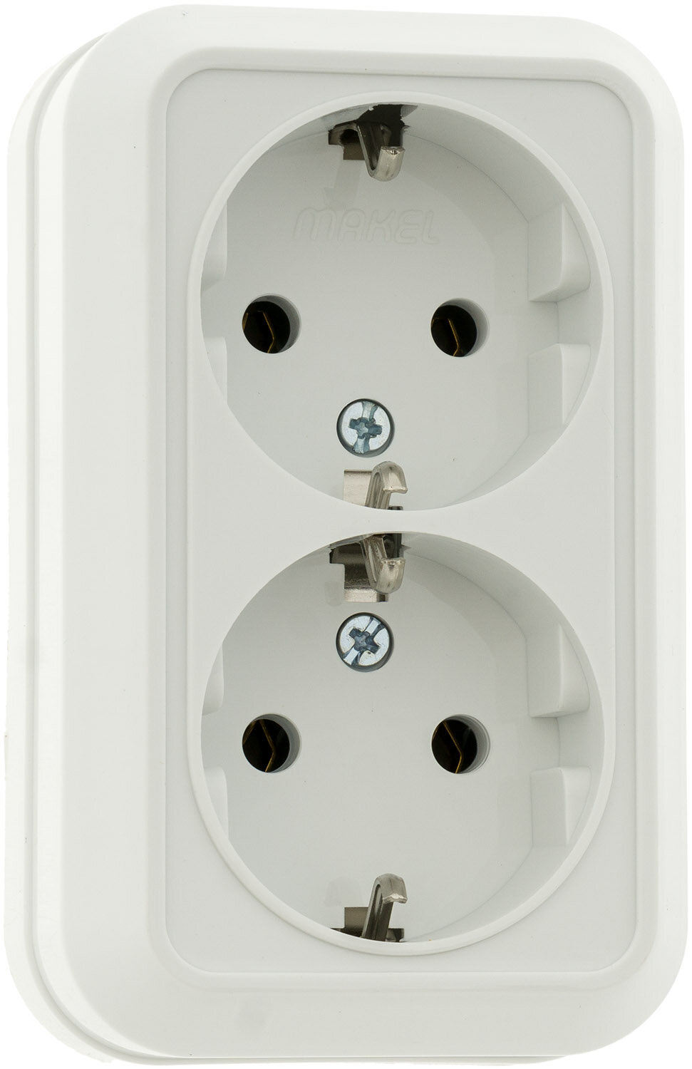 Розетка MAKEL, открытая установка, IP20, 2 розетки, с заземляющими контактами, белая