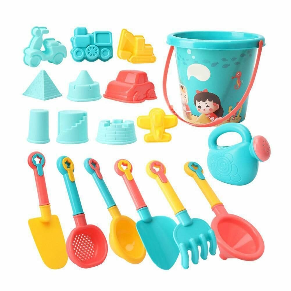 Детский набор для песочницы 18 предметов, Ведро для детских пляжных игрушек (для мальчиков, для девочек, ведерко, сито, совочек, грабельки, 18 формочки)
