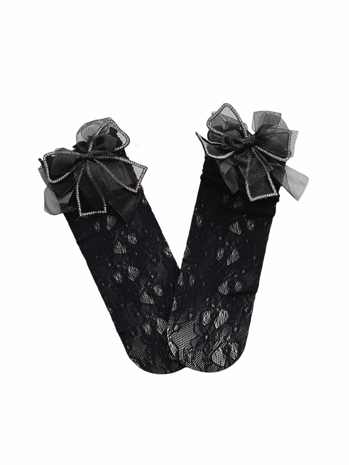 Чулки с кружевом и бантом для девочек, Черный