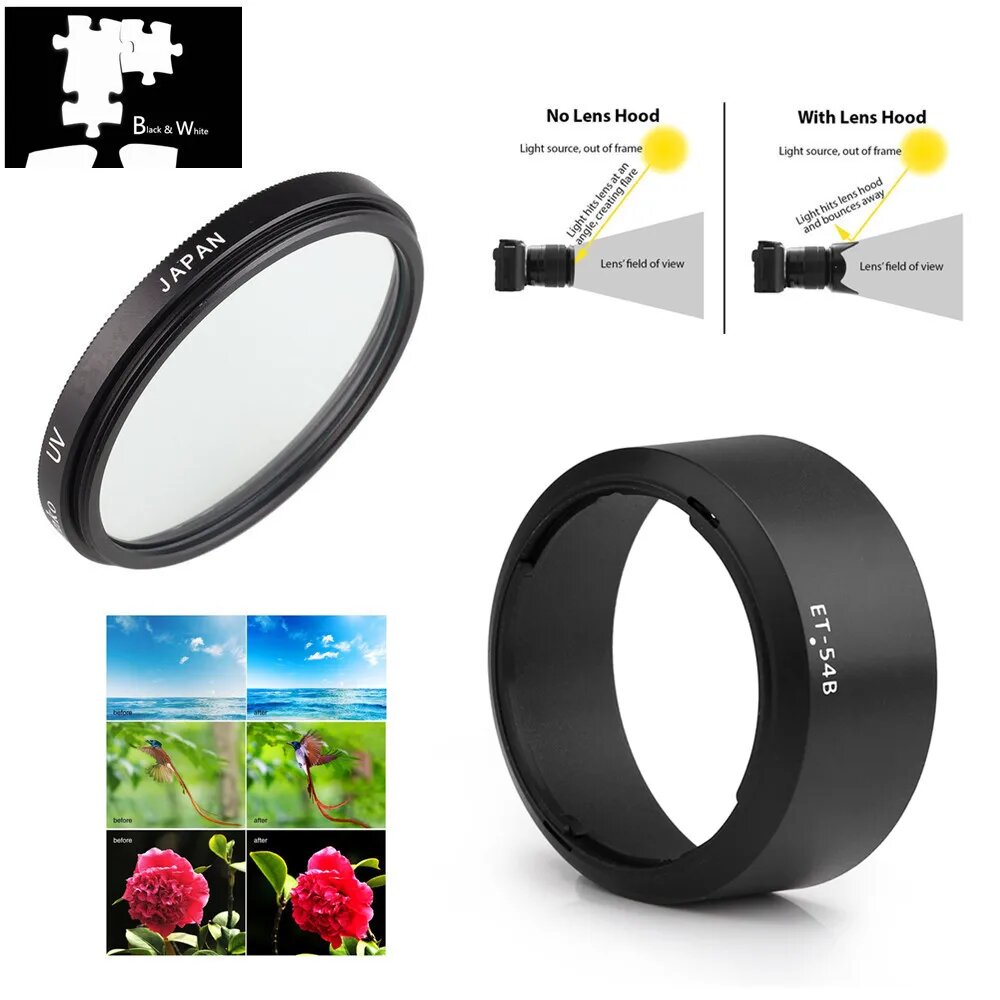 Бленда с УФ-фильтром 52 мм ET54B для объектива Canon EF-M 55-200 мм f/4,5-6,3 IS STM на камере EOS M200 M100 M50 M10 M6 M5 M3 M2 M