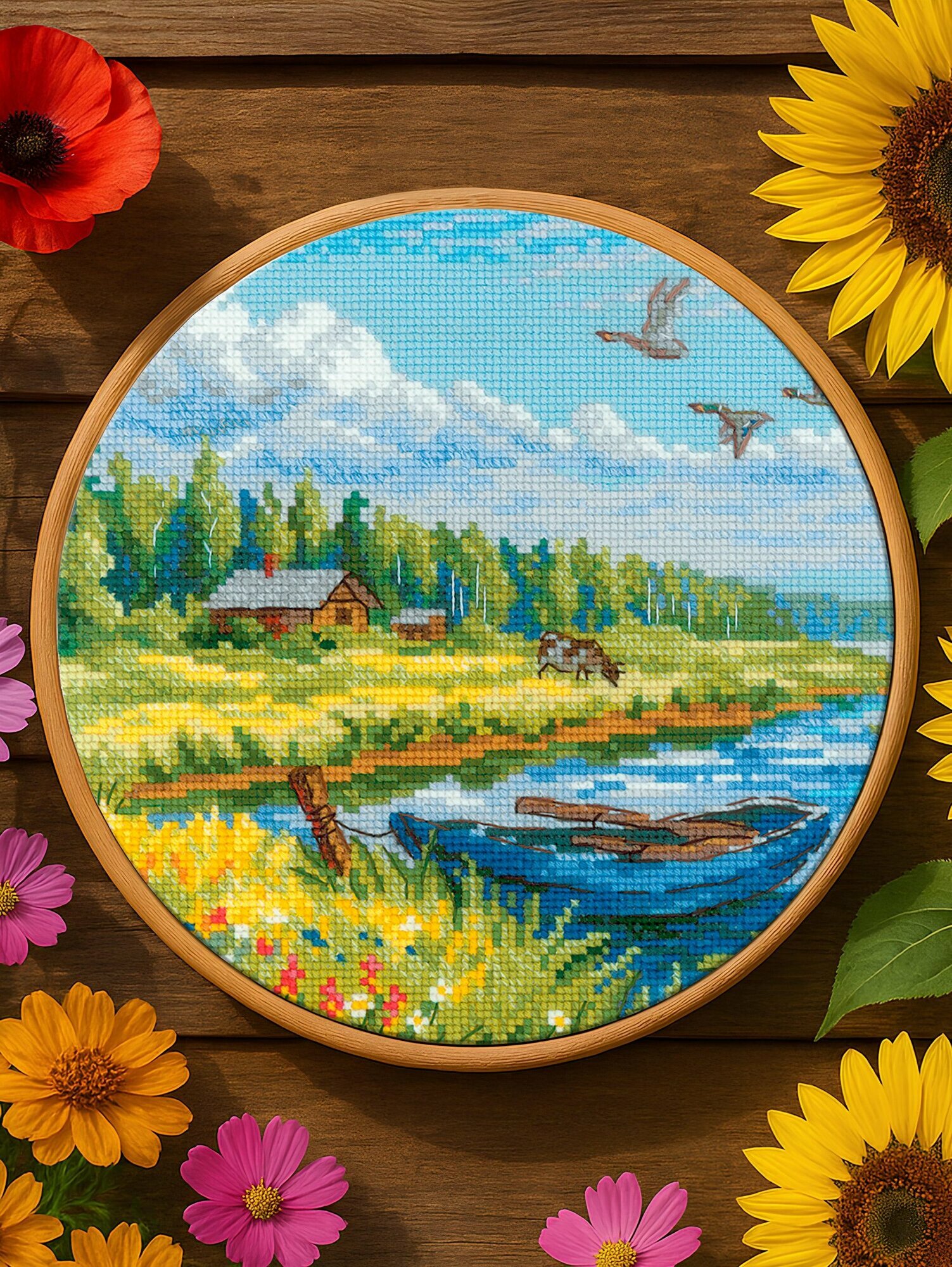 Набор для вышивания крестом Риолис, вышивка крестиком "Золотое лето. Лодка" 20*20см, 2312