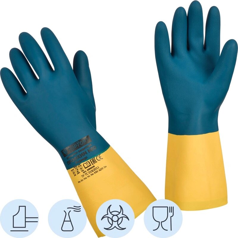 Перчатки КЩС латекс/неопрен TOPFORT Профхим Нео К80 Щ50 цв. желт/син р.7, ПС