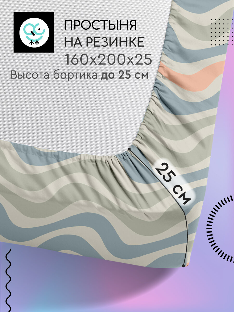 Простыня на резинке Uniqcute 160х200х25 см, Поплин, хлопок 100%, На волне