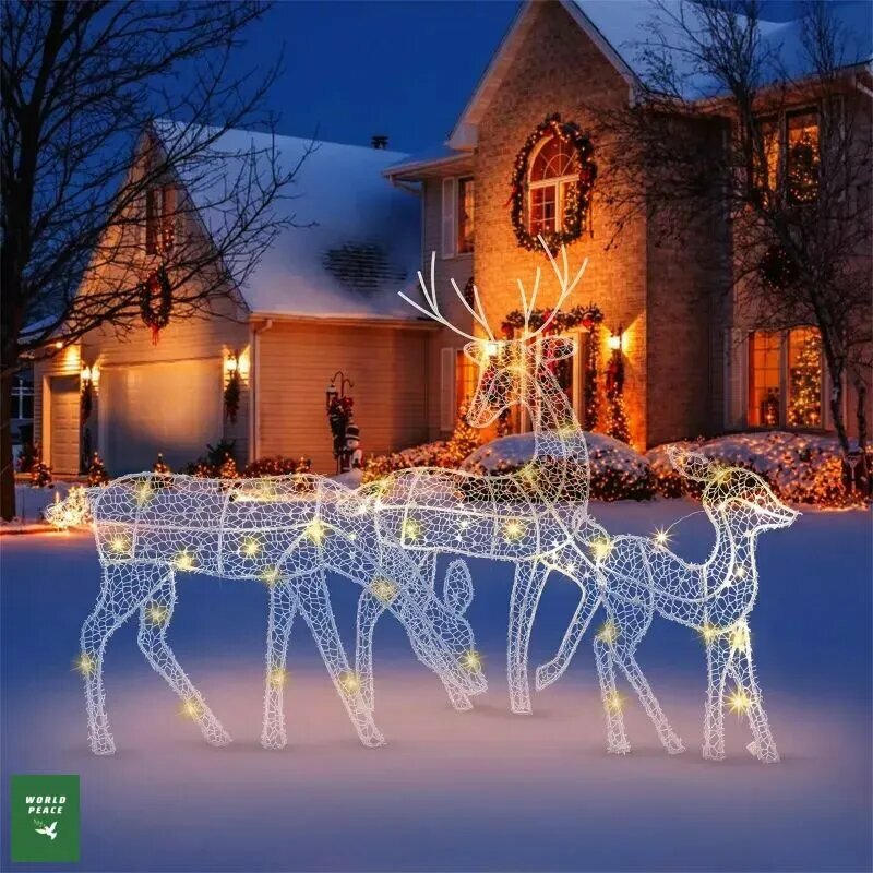 Уличные металлические светящиеся рождественские олени, семейство из трех украшений