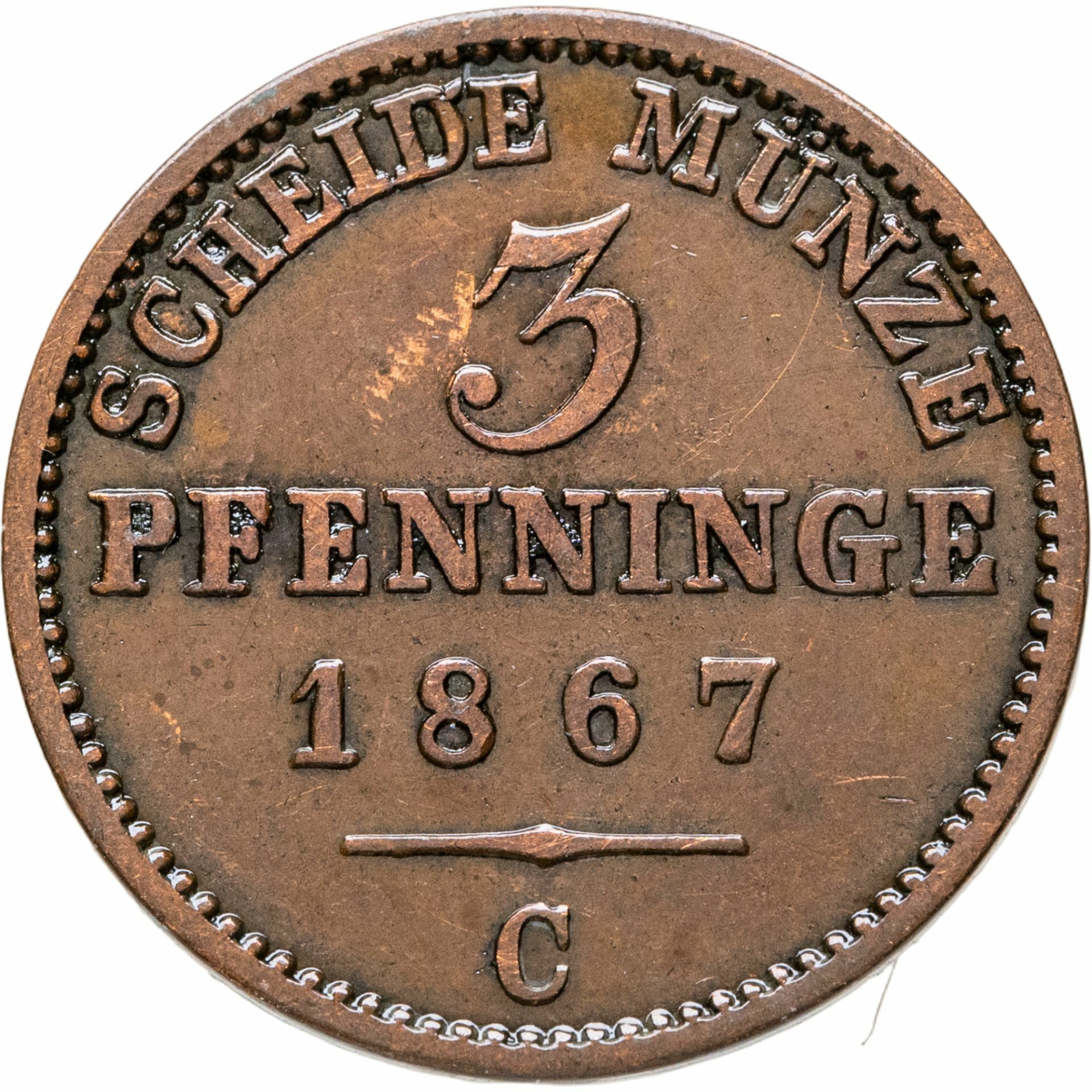 Германия, Пруссия 3 пфеннинга 1867 С, Медь, в сохранности VF-XF