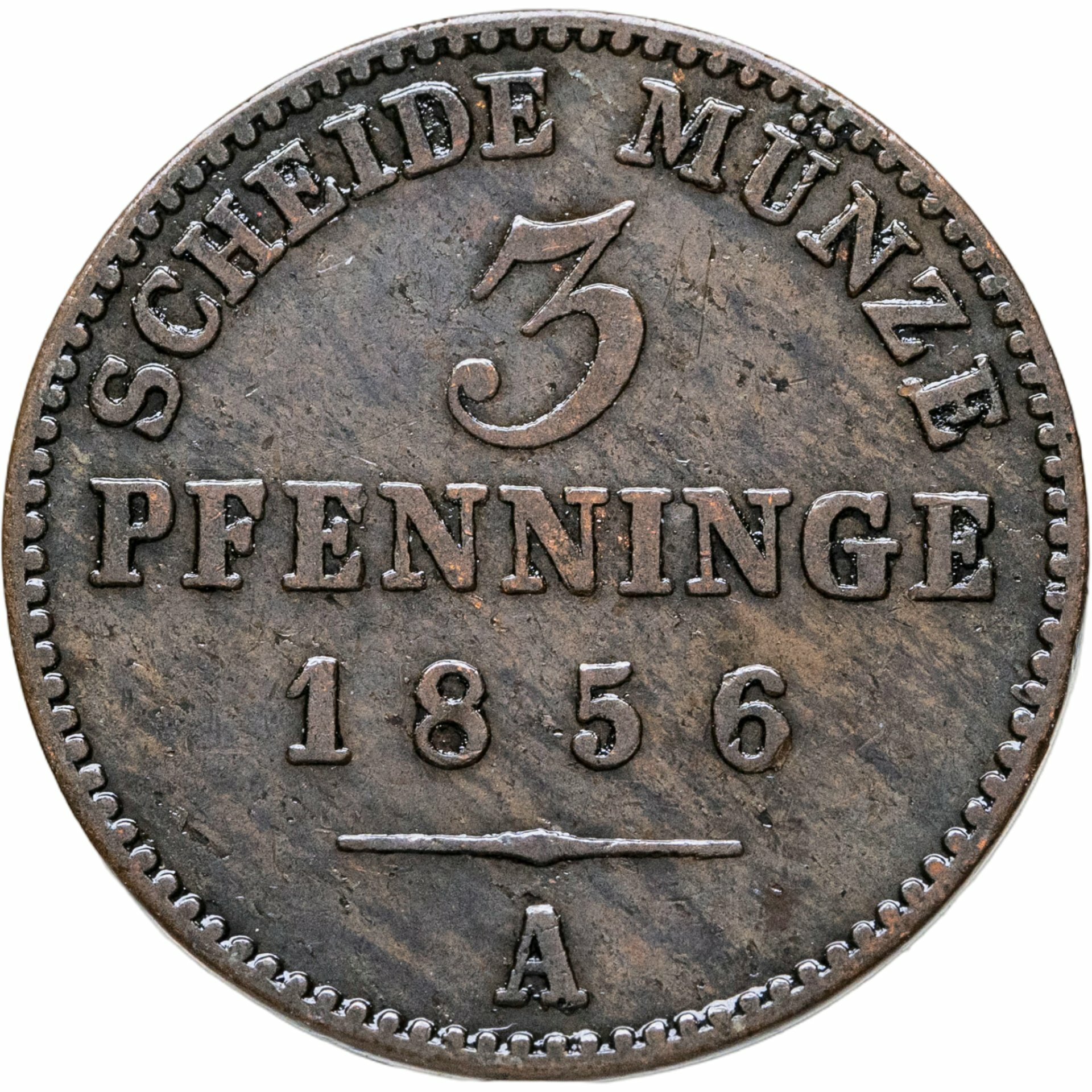 Германия, Пруссия 3 пфеннинга 1856 А, Медь, в сохранности VF