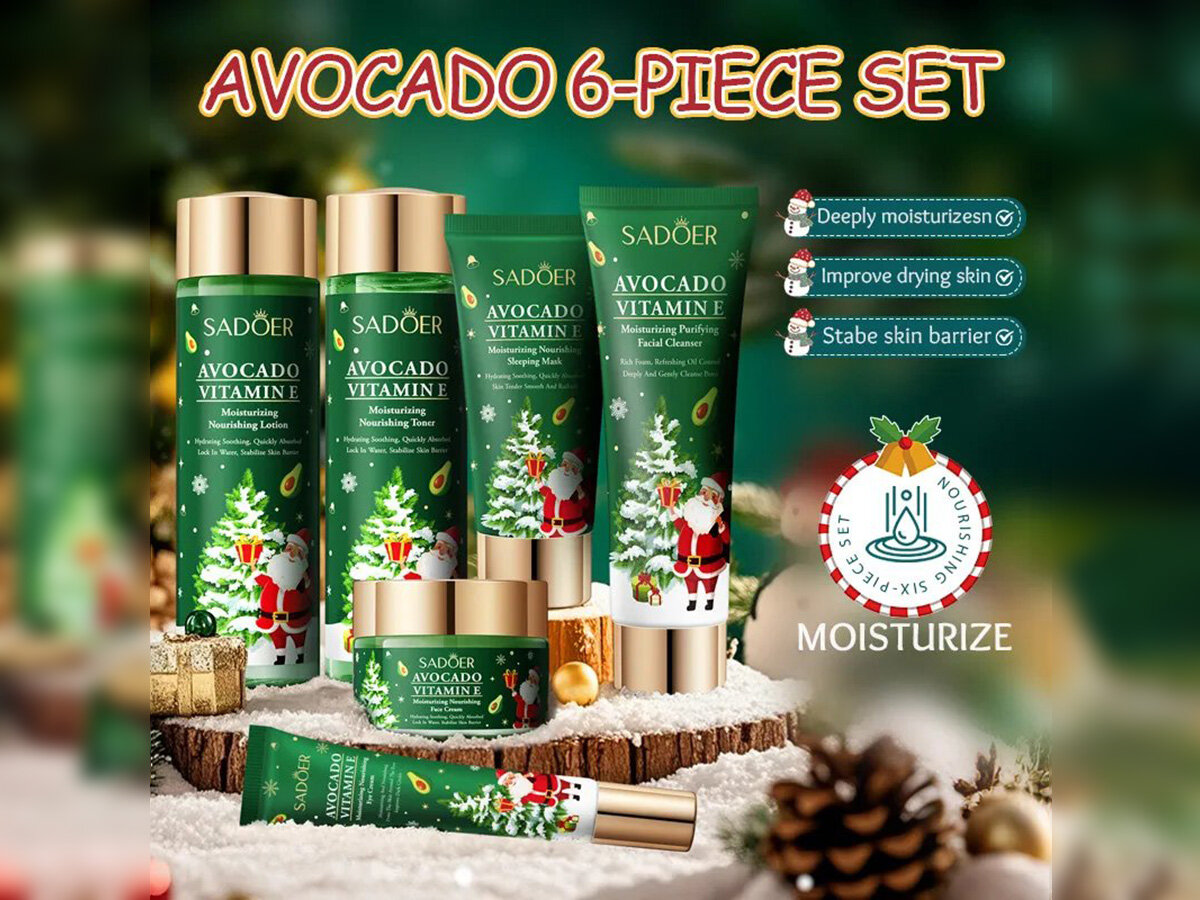 Подарочный новогодний увлажняющий набор для лица SADOER из 6 предметов с авокадо и витамином E
