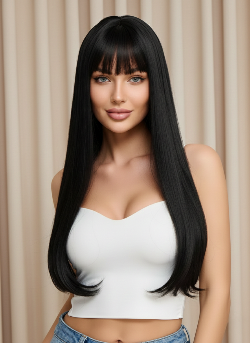 Парик из искусственных волос длинные прямые с челкой черный 60 см