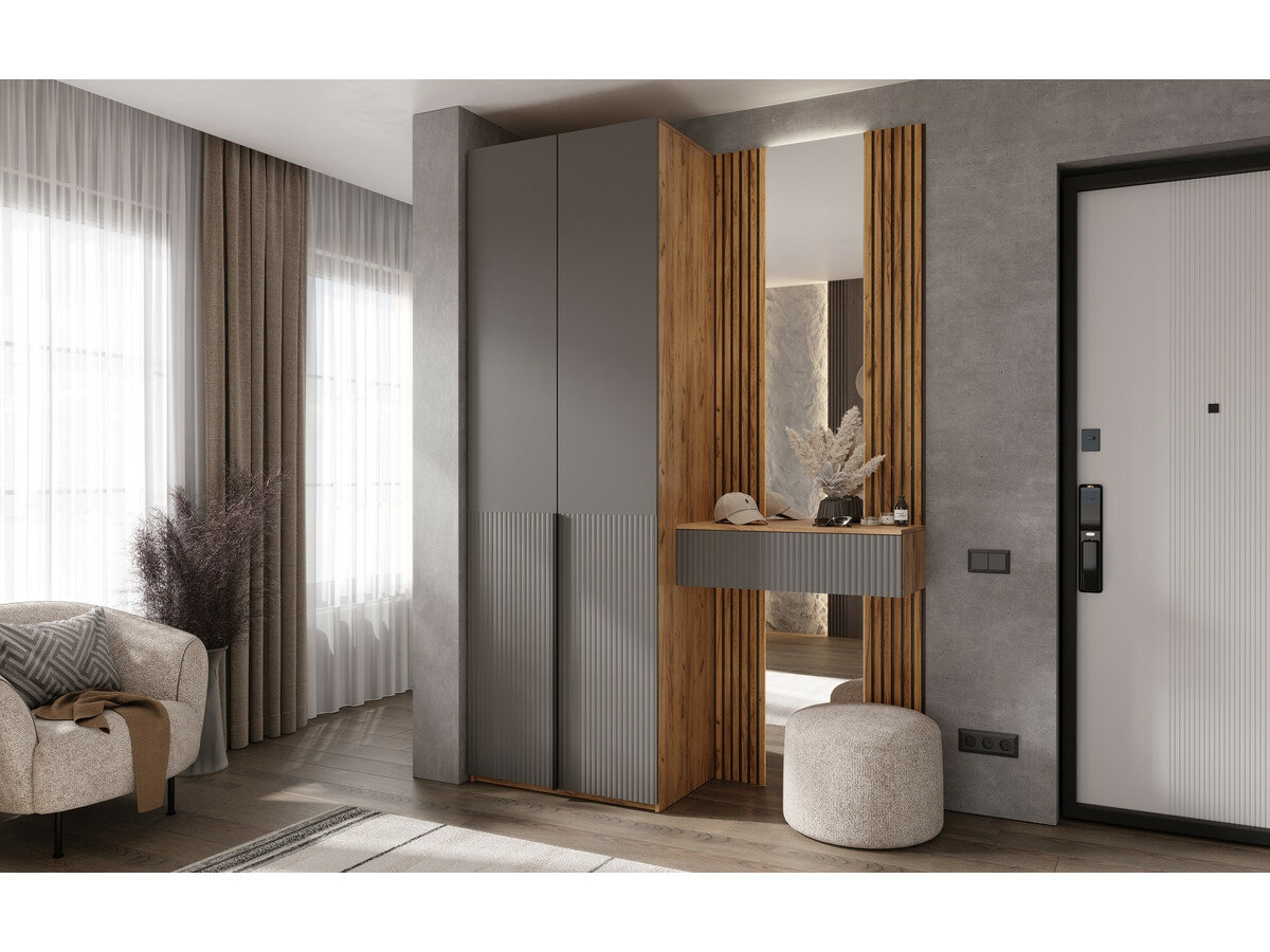 Тумба с зеркалом и шкафом 2-х ств (с подсветкой), Крафт золотой/Браш графит