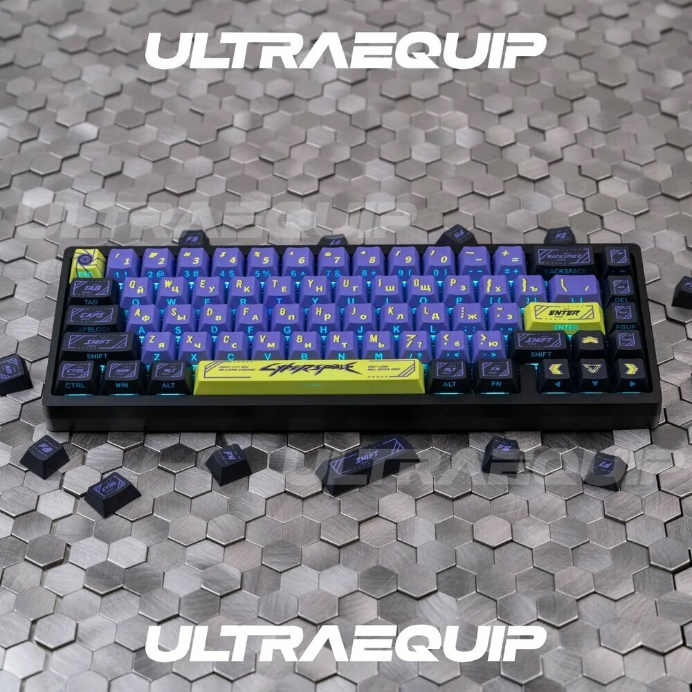 Кейкапы для механической клавиатуры - PBT Клавиши "Киберпанк": 130 клавиш, фиолетовые, русские символы, термопечать, Cherry профиль