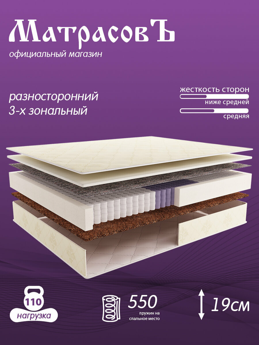 МатрасовЪ Матрас Лидер , С зональным пружинным блоком, 90х200 см