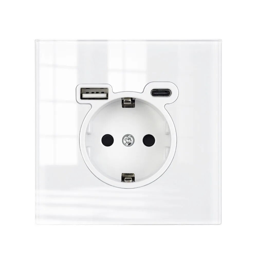 Розетка встраиваемая одинарная с usb и type c, рамка закаленное стекло 82MM*82MM Белая