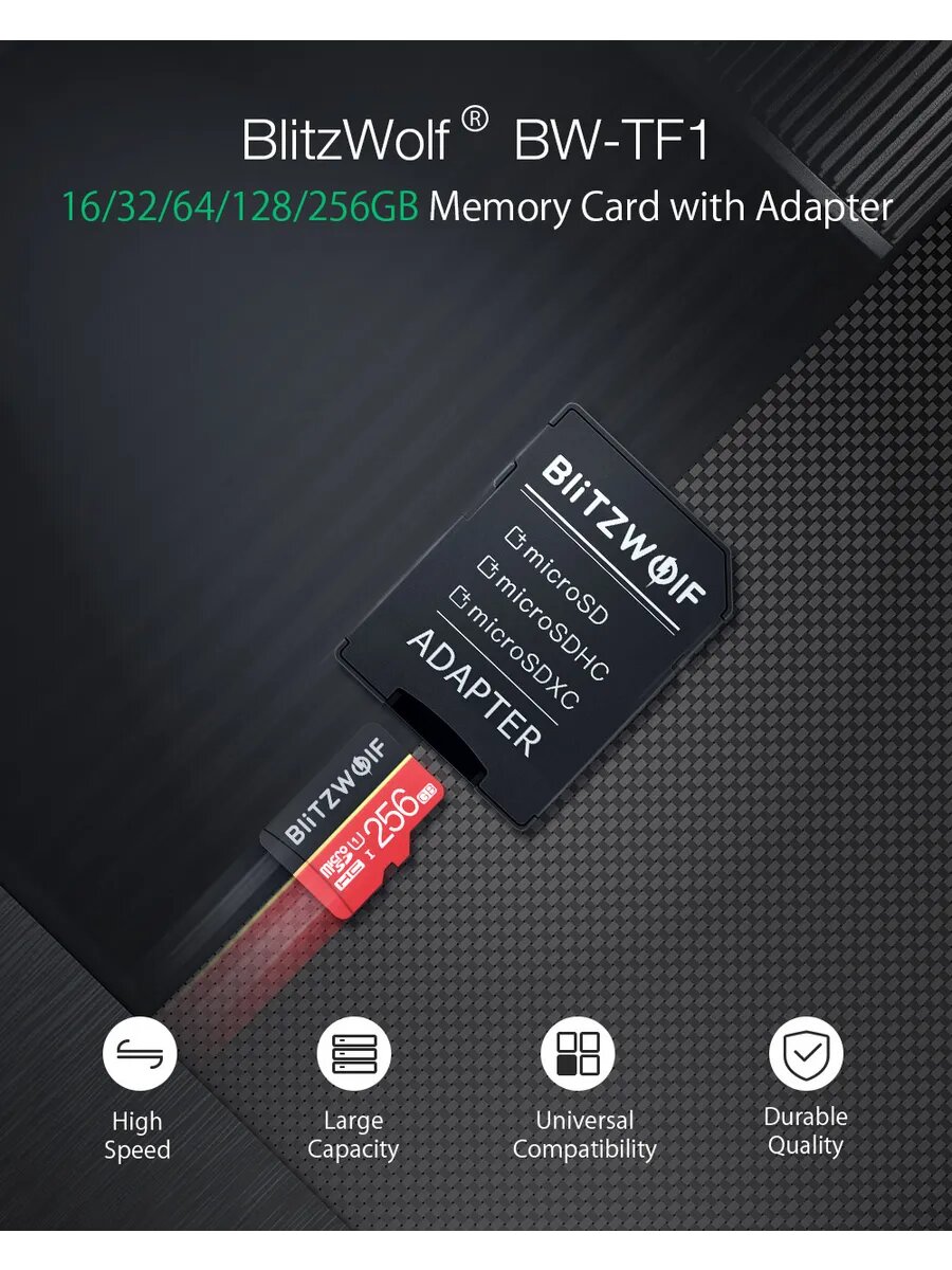 Карта памяти BlitzWolf, microSD, 256ГБ, с адаптером, Class 10