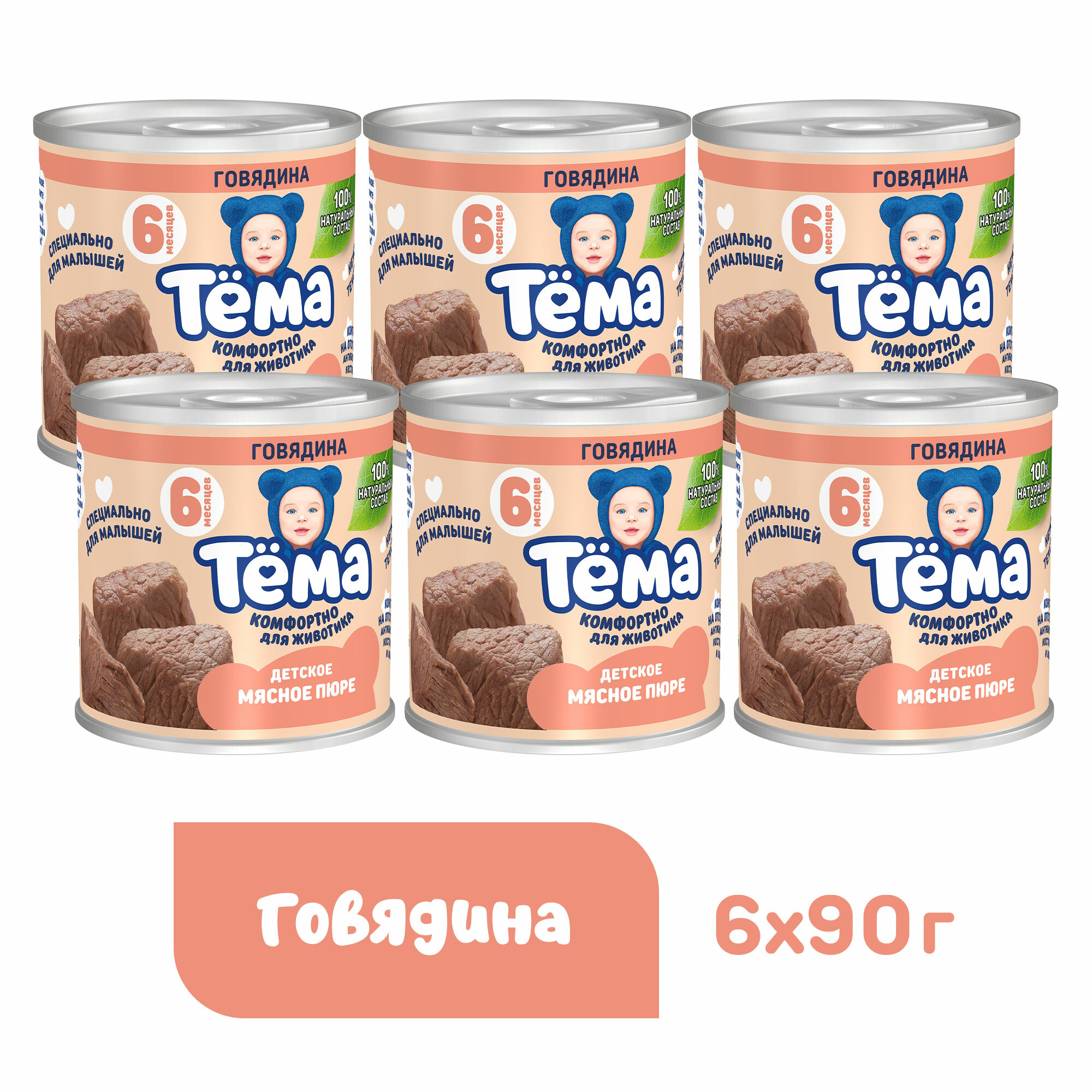Детское мясное пюре Тема со вкусом говядины, с 6 мес. 90г, 6шт