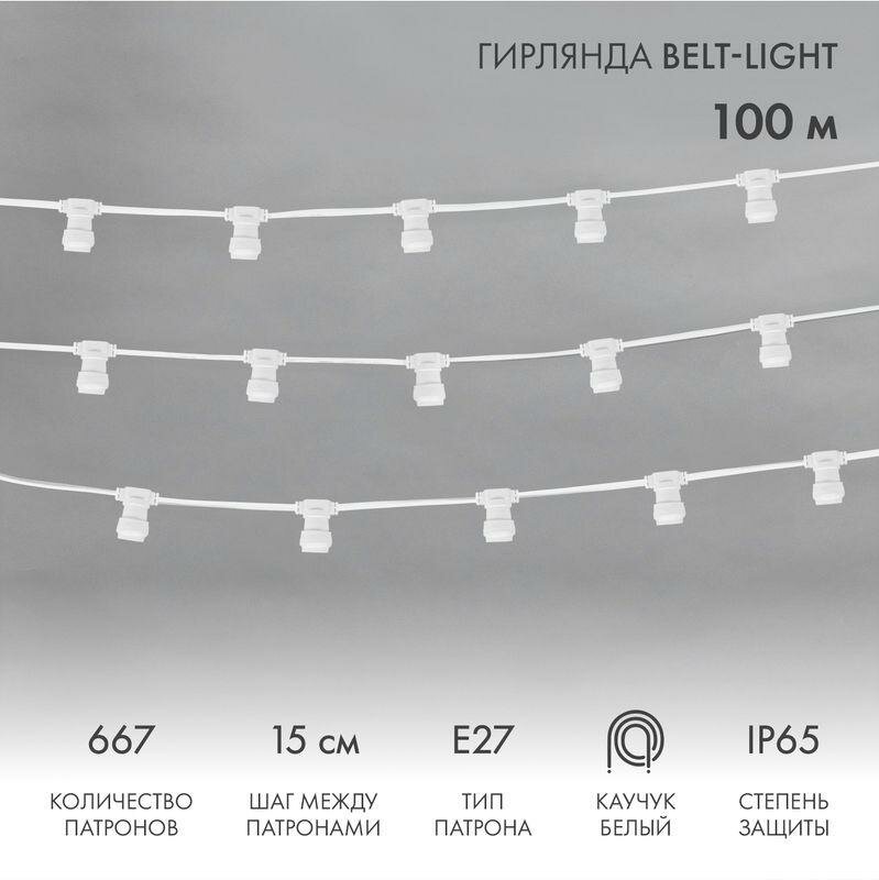 Гирлянда "Белт Лайт" 2жил. шаг 15см патроны E27 1320Вт IP65 влагостойкая провод бел. (уп.100м) Neon-Night 331-251