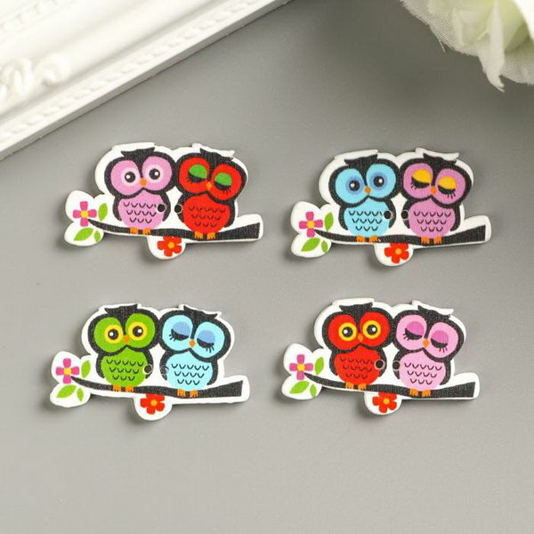 Набор пуговиц декоративных дерево "Совята на ветке", тип: декоративные