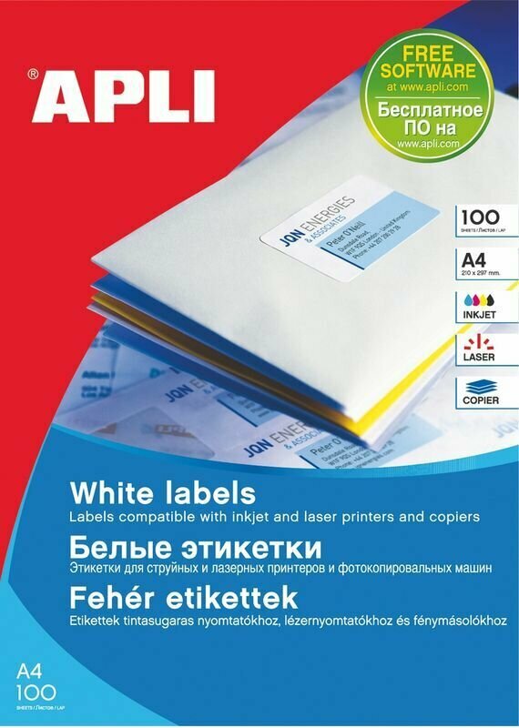 Этикетки универсальные APLI, А4, прямоугольные, белые, 105*70 мм, 800 шт.