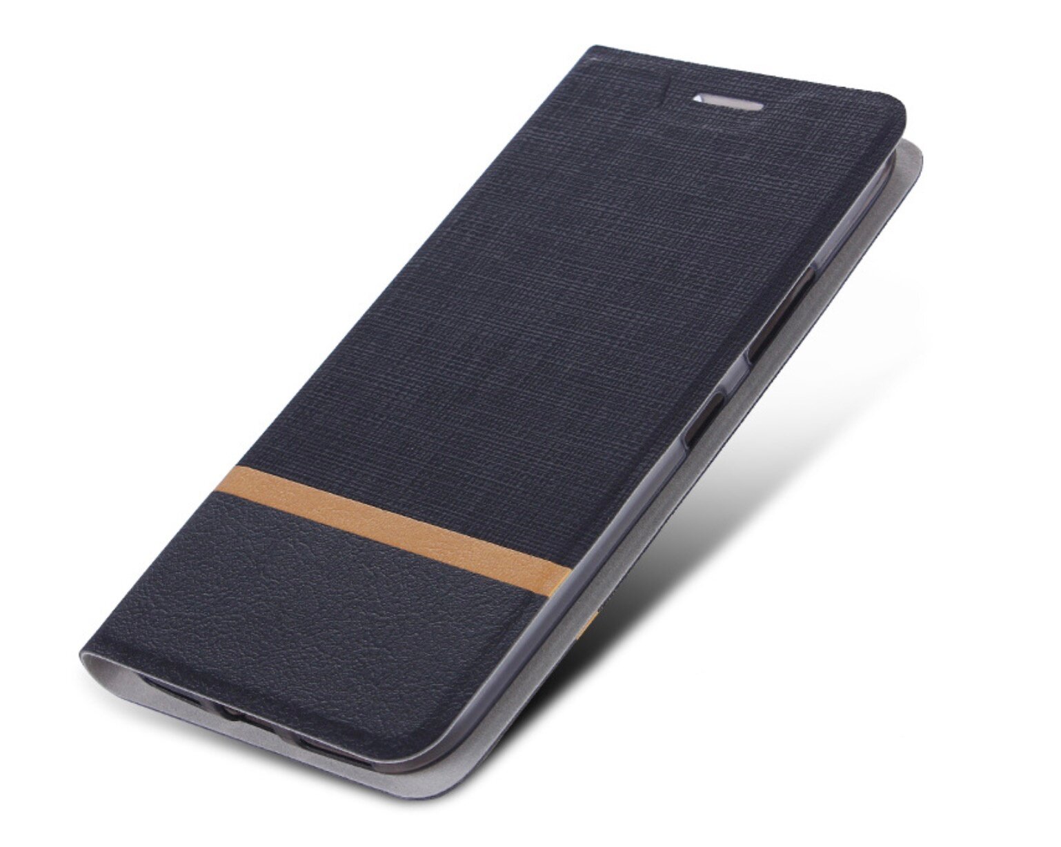 Чехол-книжка Чехол. ру для Asus ROG Phone 5 из водоотталкивающей ткани под джинсу с золотой полосой и вставкой под кожу черный