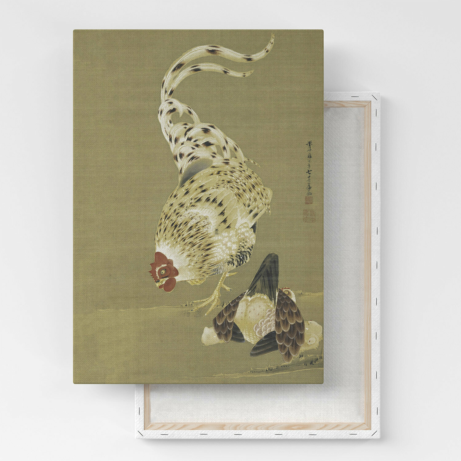 Картина на холсте, репродукция / Ито Дзякутю - Петух, курица и цыплята / Размер 30 x 40 см