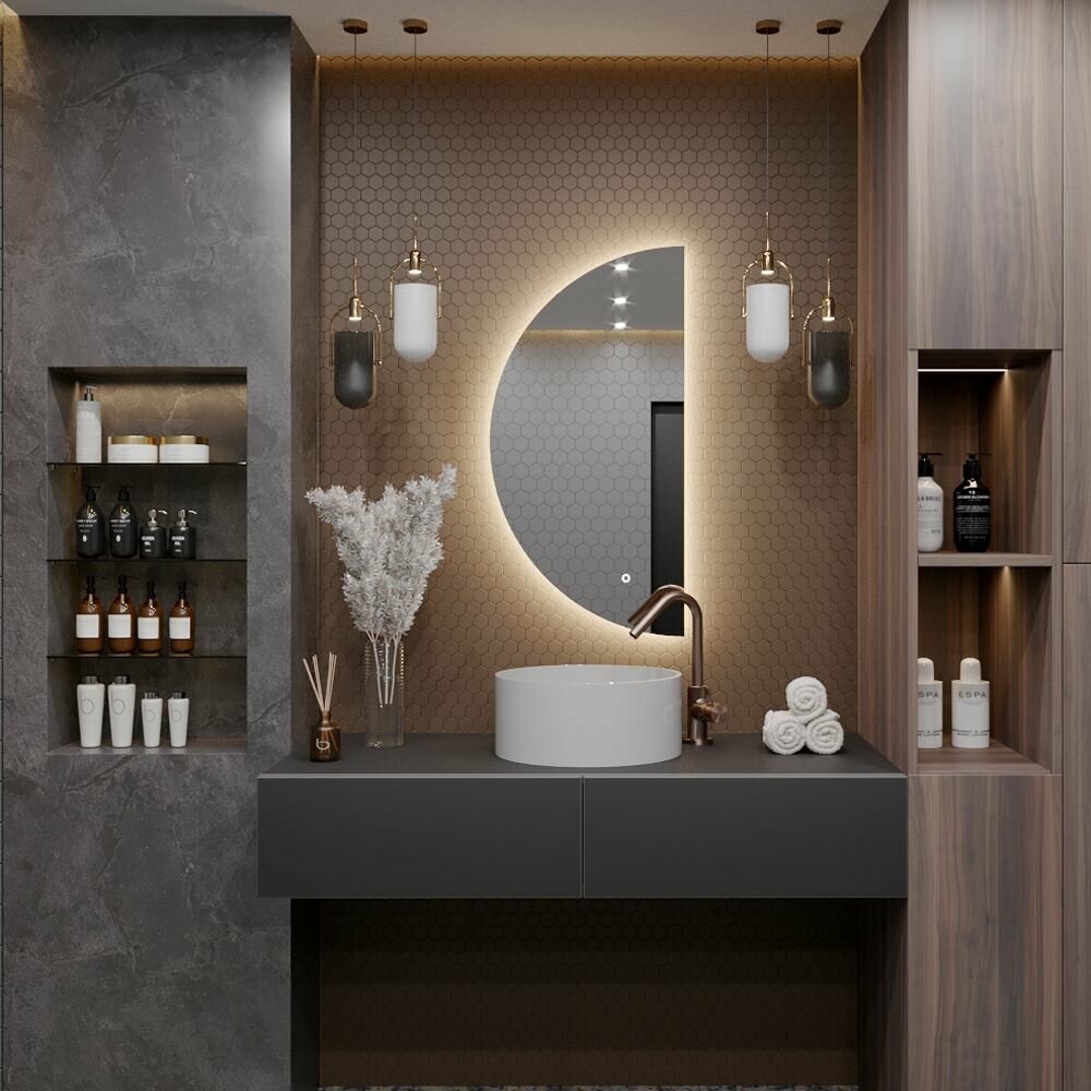 Зеркало в ванную настенное с подсветкой Alias Муза 90*45 1/2 половина для ванной с нейтральной LED-подсветкой и подогревом, обрез справа, сенсорная кнопка