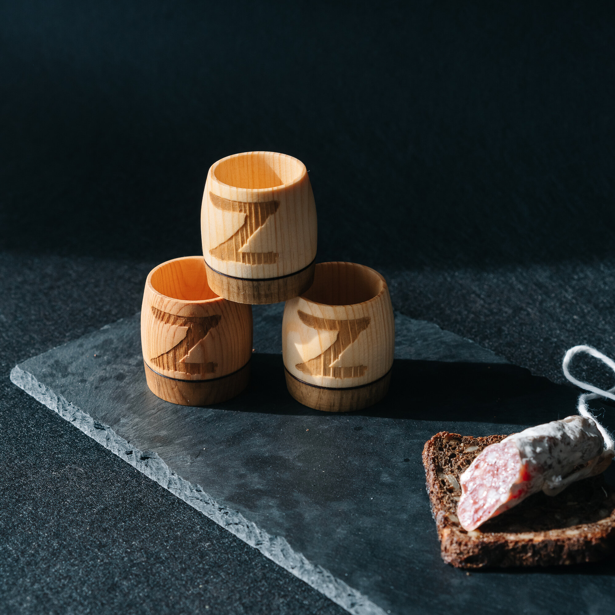 Набор деревянных рюмок (стопок, шотов) из древесины сибирского кедра, набор 3 штук. RN14