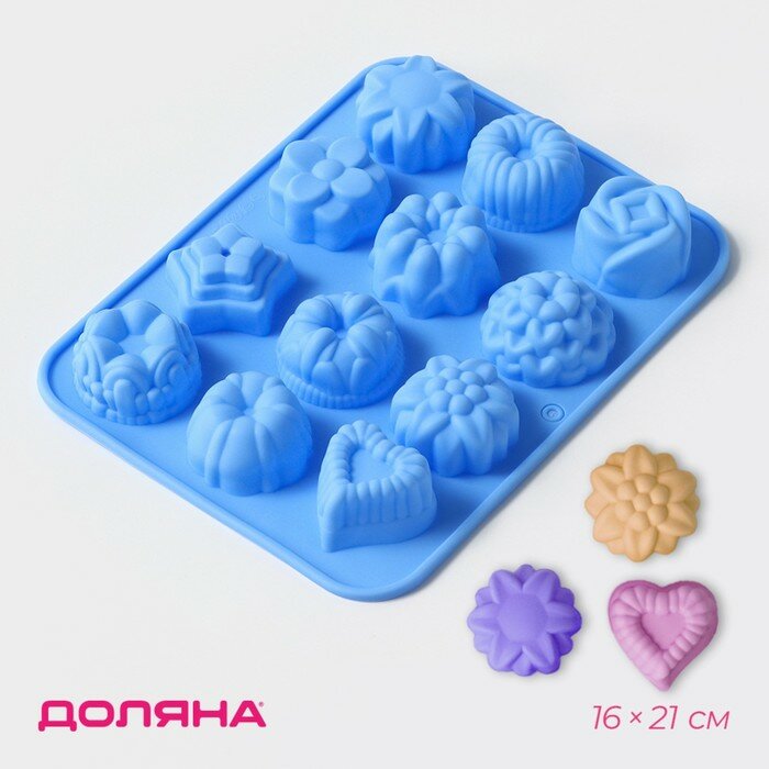 Форма для выпечки Доляна «Немецкий кекс, роза», силикон, 16×21 см, 12 ячеек (d=4.2 см), голубая