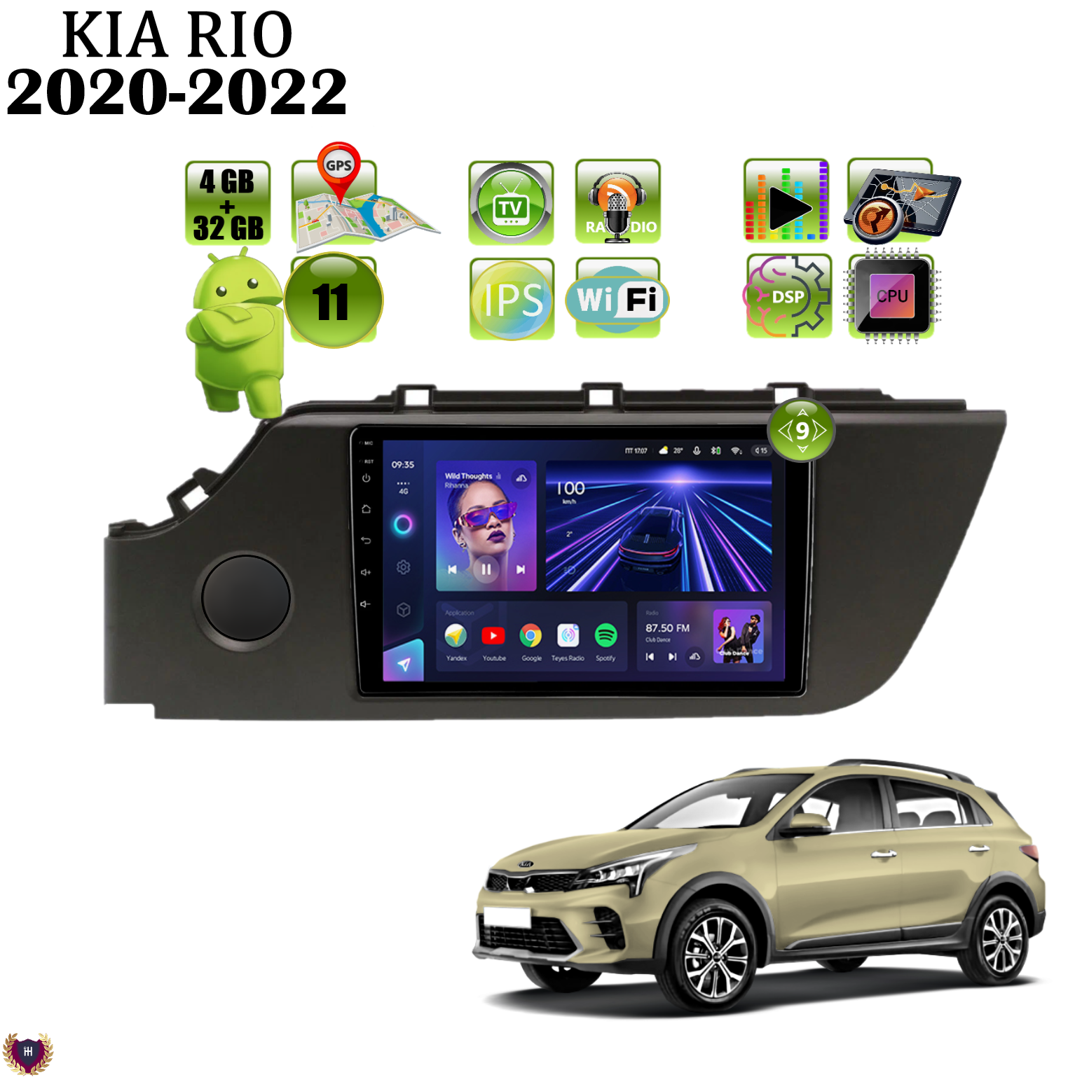 Автомагнитола для Kia Rio, X-Line (2020-2022), Android 11, 4/32 Gb, Wi-Fi, GPS, IPS экран, сенсорные кнопки, Bluetooth, разделение экрана, поддержка кнопок на руле
