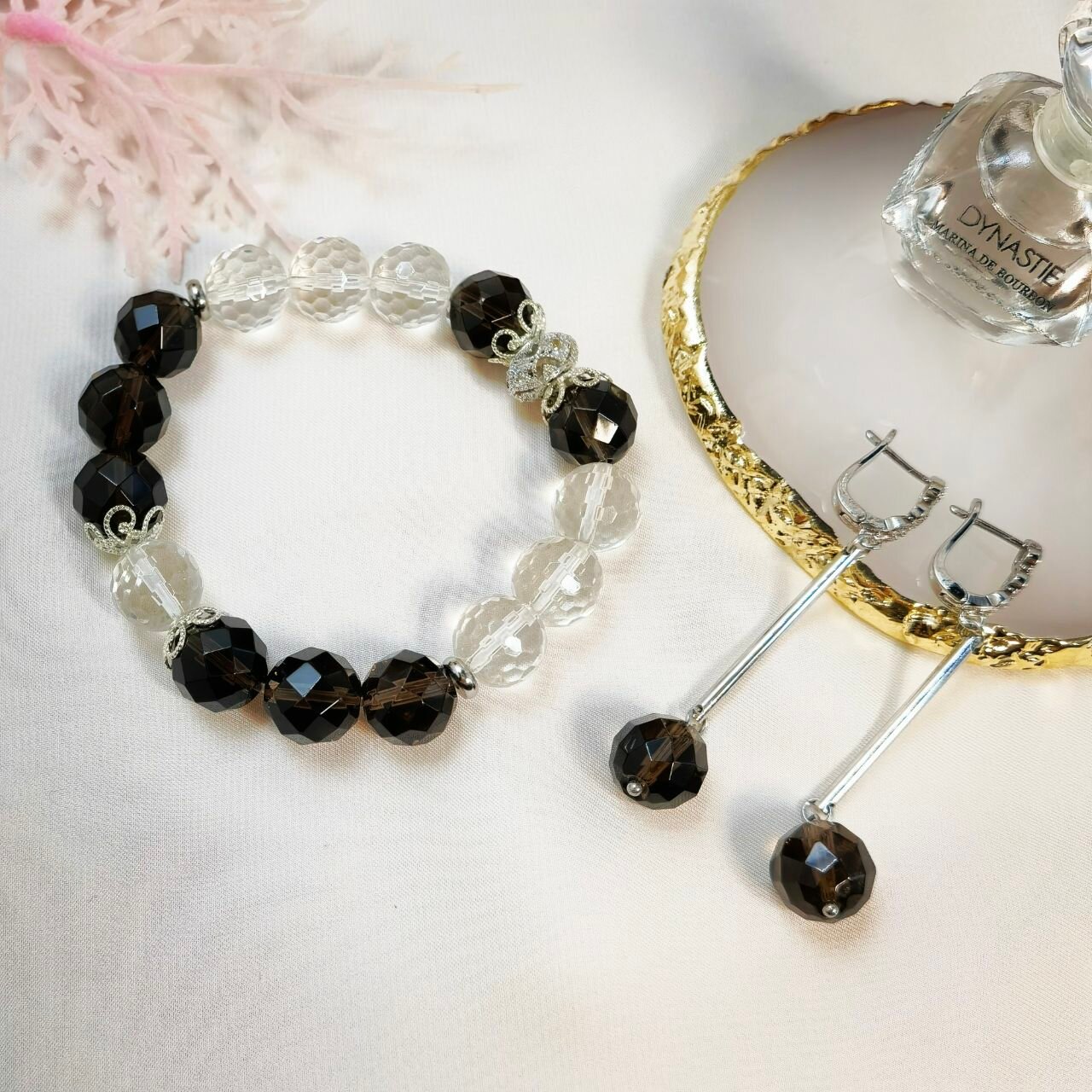 Комплект бижутерии: серьги, браслет, раухтопаз, горный хрусталь