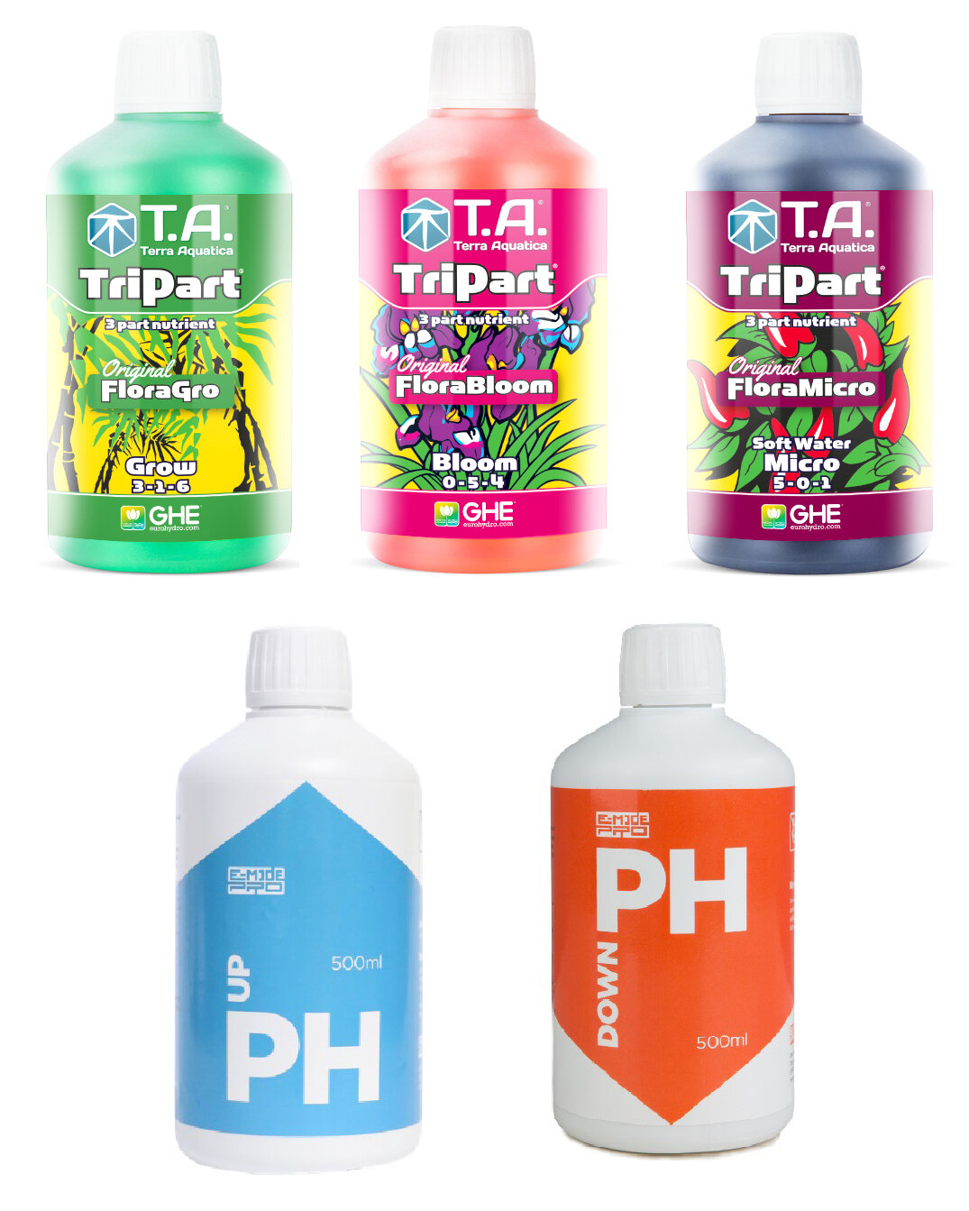 Комплект удобрений Terra Aquatica TriPart (Grow+Bloom+Micro SW) + Регуляторы кислотности E-mode (PhUp+PhDown) 5шт*0,5л