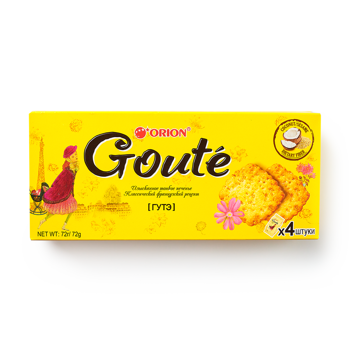 Печенье затяжное Orion Goute, кокос, кунжут, картонная упаковка, 72 г