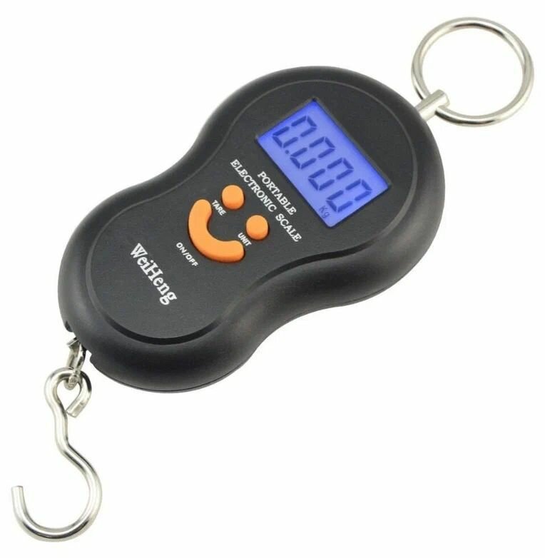 Ручные электронные весы-безмен черный/оранж для багажа до 50 кг с функцией термометра + зеленая подсветка для охоты, рыбалки, фермы, багажа, сельского хозяйства.