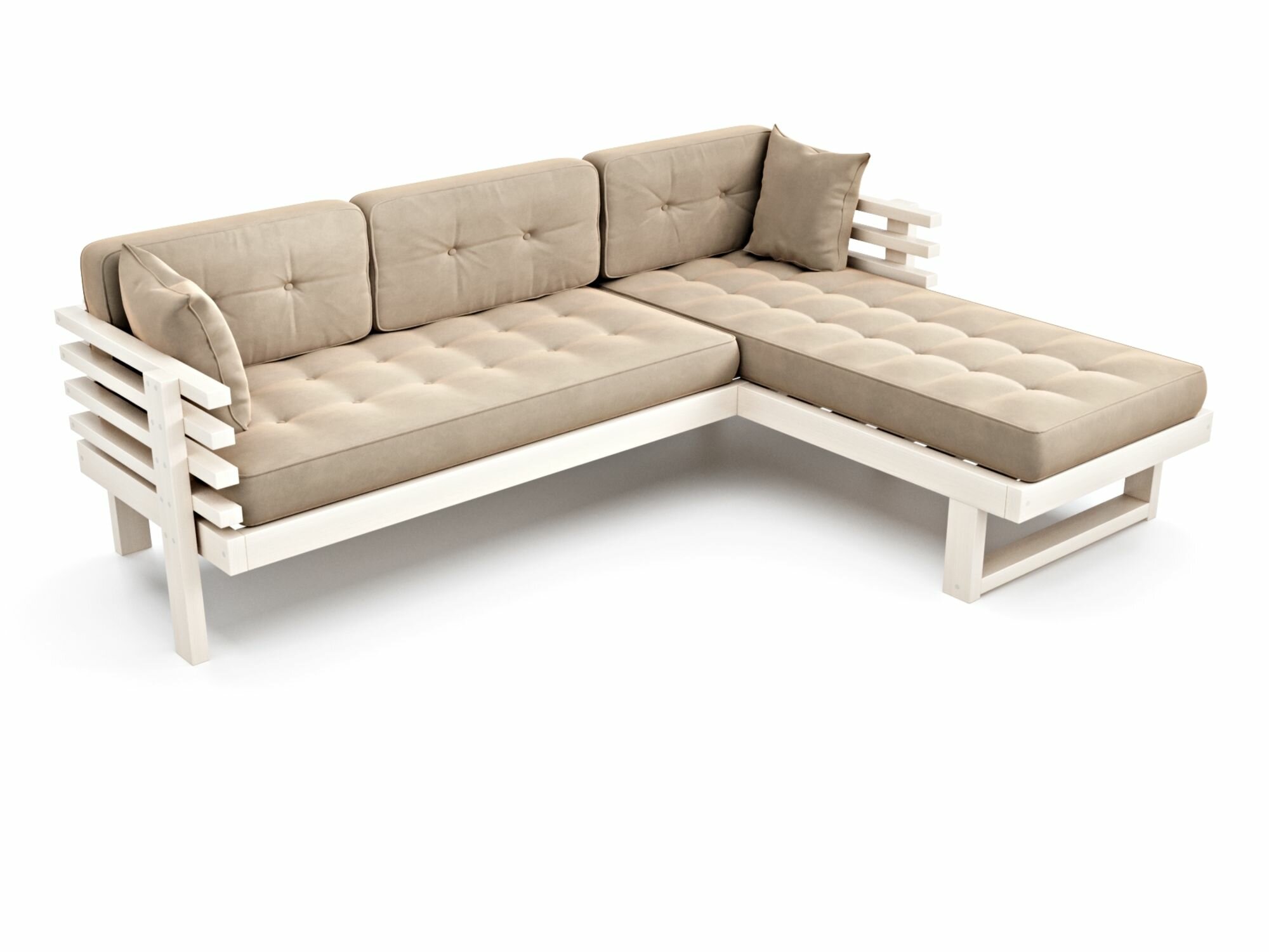 Большой угловой диван Arsko Стоун-У правый, бежевый-беленый дуб, велюр, массив дерева, офисный, для кафе и бара, для дачи