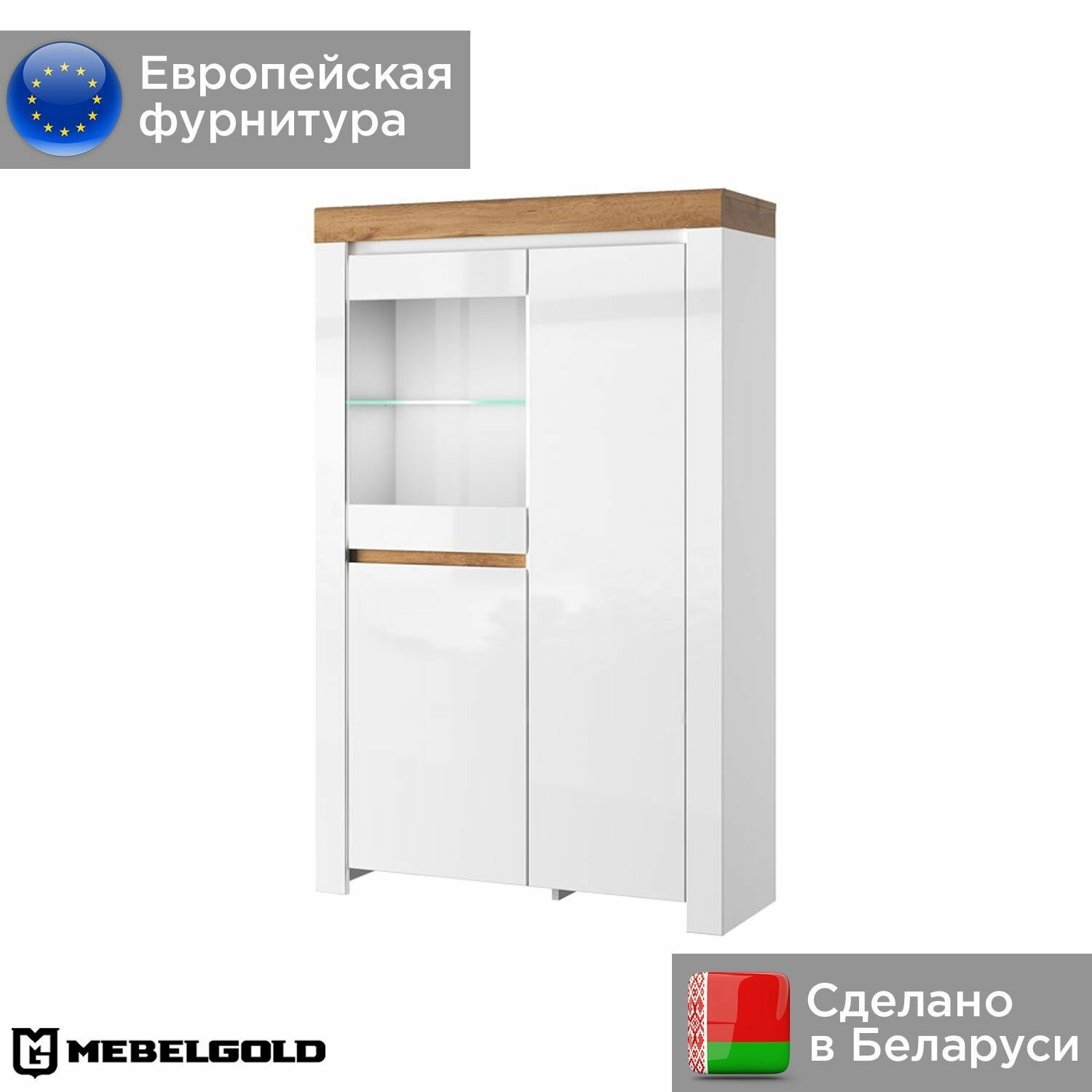 Таурус / Taurus Шкаф с витриной, в гостиную, для посуды, стеклянный 1V2D МебельГолд