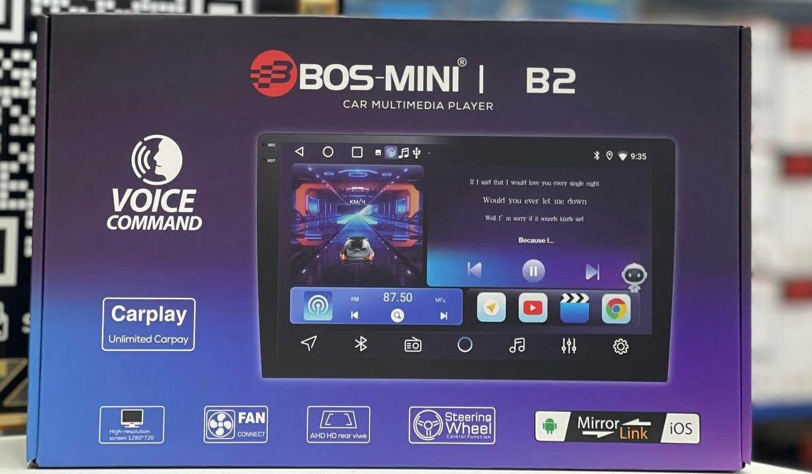 Автомагнитола BOS-MINI B2, 2+64 Гб, IPS сенсорный 9 дюймовый экран, Wi-Fi, Bluetooth, GPS, CarPlay, 4 ядерный процессор