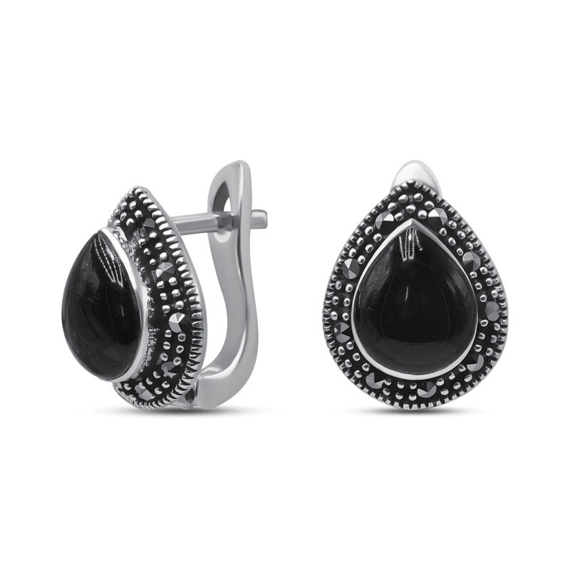 Серьги, серебро, 925 проба, марказит, оникс