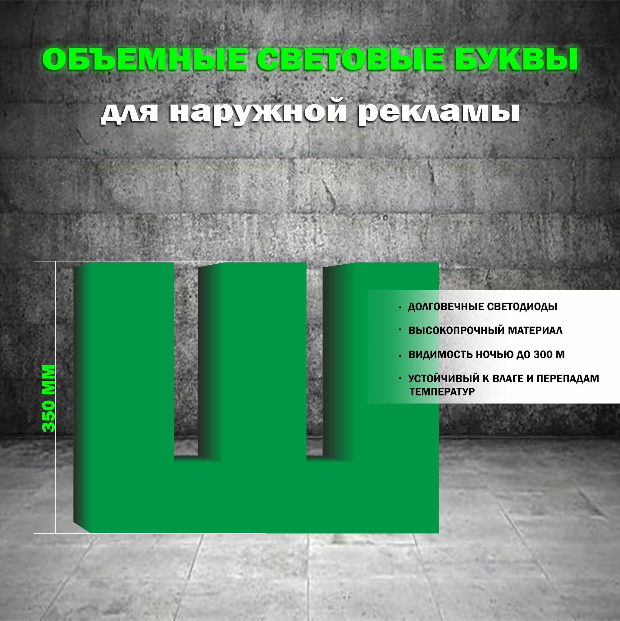 Световая объемная буква Ш для наружной рекламной вывески, высота 35 см / зеленая