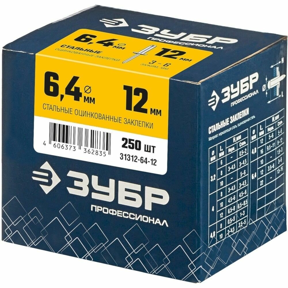 Стальные заклепки 6.4 х 12 мм 250 шт. ЗУБР Профессионал 31312-64-12
