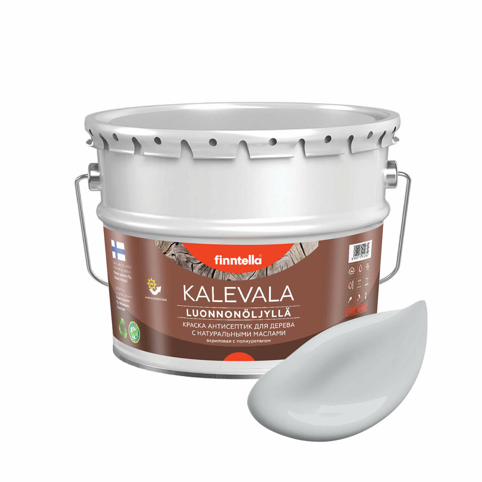 Краска для дерева и деревянных фасадов FINNTELLA KALEVALA, с натуральным маслом и полиуретаном, цвет PIKKUKIVI (светло-серый) , 9л