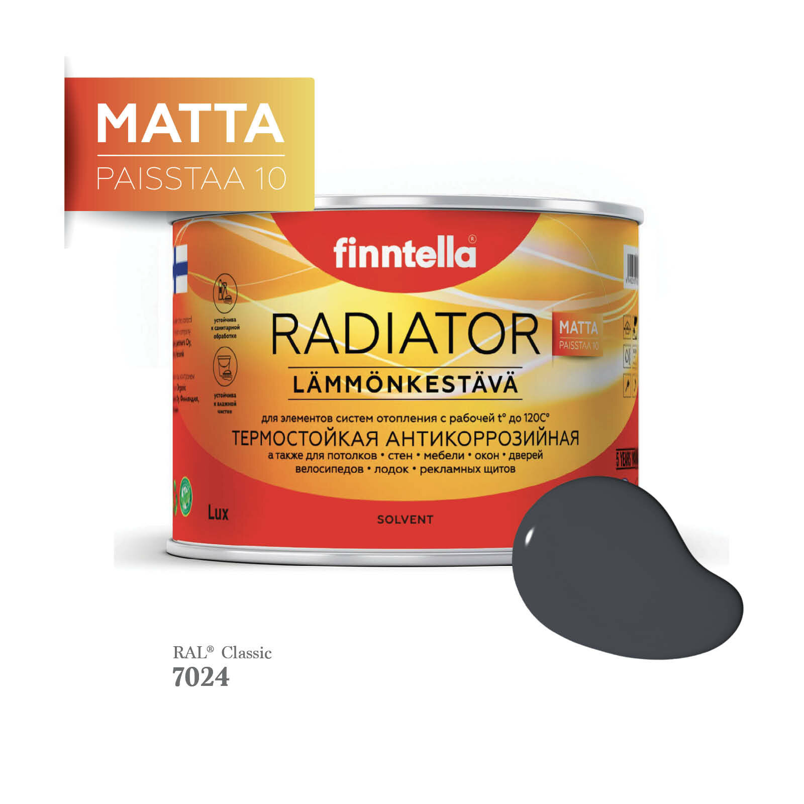 Краска для радиаторов быстросохнущая финская эмаль FINNTELLA RADIATOR Matta. Матовая. Цвет RAL7024 , 0,45л