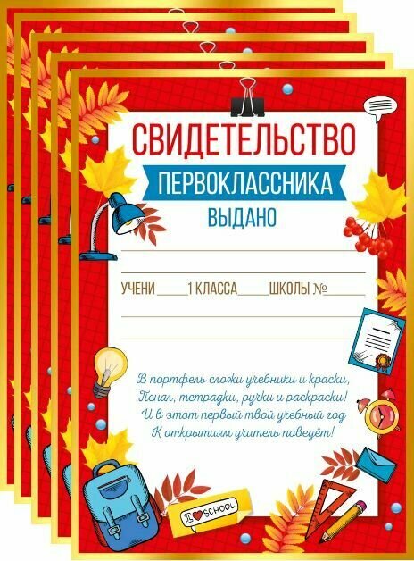 Свидетельство первоклассника. Комплект 10 штук.