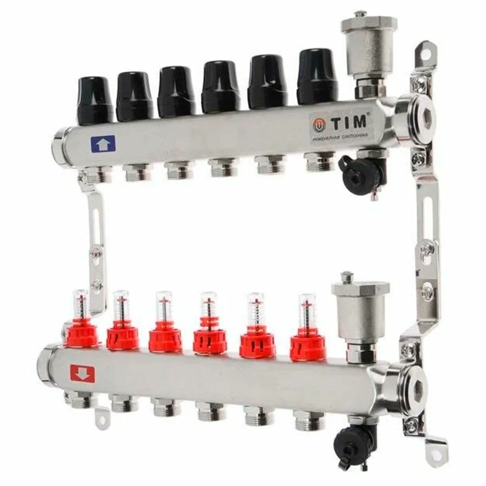 Коллекторная группа 1" - 6вых. "Квадрат" (с расходомерами, дренаж. краном и воздухоотвод) нерж. корпус, TIM