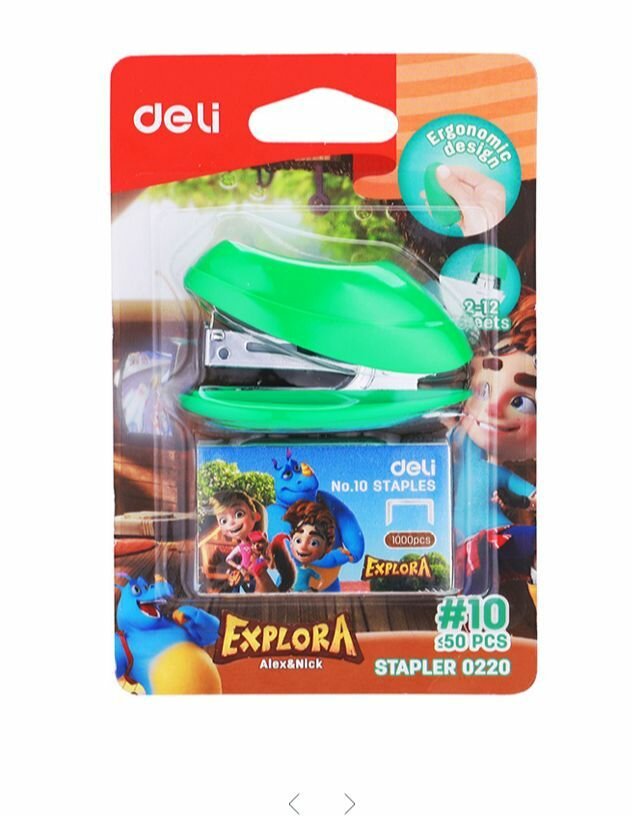 Степлер №10 с антистеплером, зеленый, пробивает до 15 листов с набором скоб 1 упаковка 1000 штук