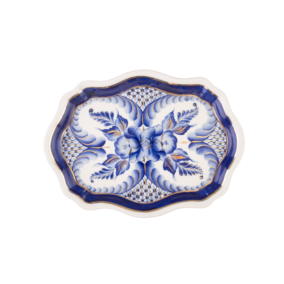 Блюдо/тарелка/поднос (бел, роспись индивид. кобальт, роспись золотом)