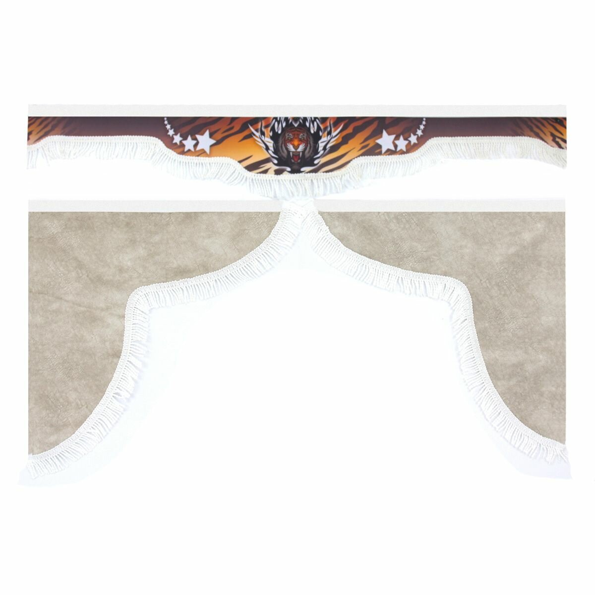 Ламбрекен лобовой 1.8м. габардин/бруно фотопечать Тигр + боковые с рисунком (серый + белая бахрома)