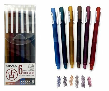 Ручки гелевые набор- 6 цв. CH-238 SHANDS (авт) 0,5мм Ретро цвет S628-B матовый корп, в упаковке пвх