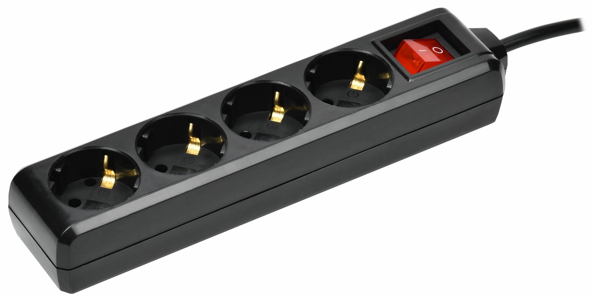 Удлинитель IEK У04К, 4 розетки с/з тип F, 5м, 16А, 250В, 3500Вт, IP20, черный, выключатель на корпусе