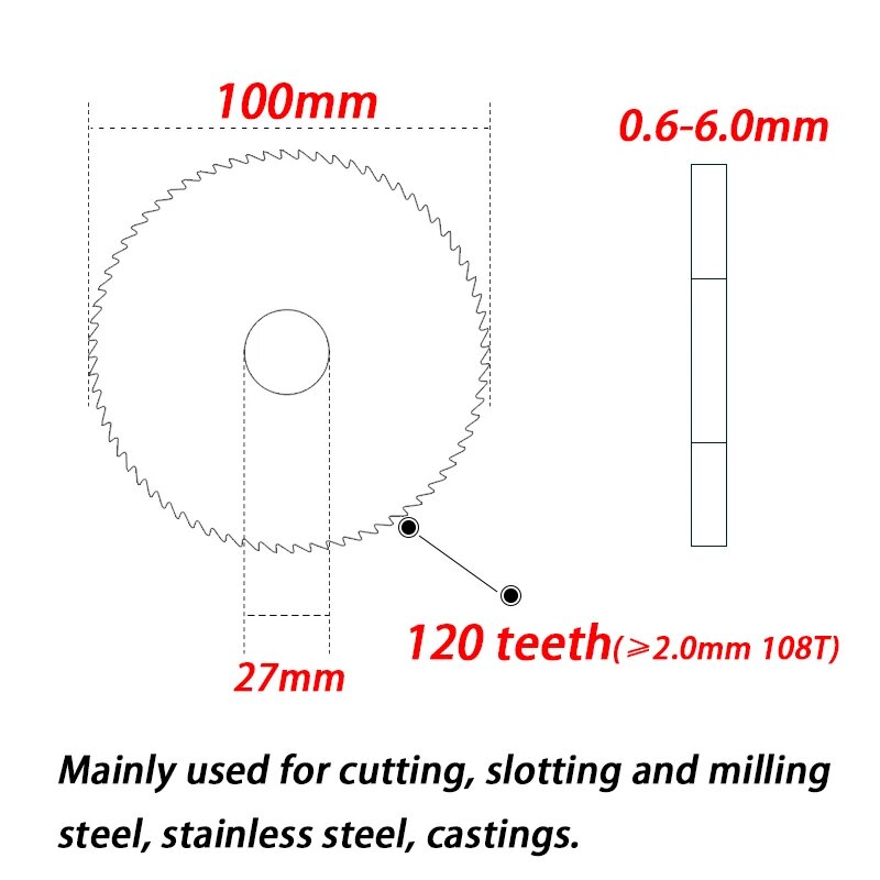 Твердосплавные дисковые пилы 100 мм. Фреза из вольфрамовой стали 100x22 мм. 22 25,4 27 32 мм. Толщина 0,6-6мм Bore 27mm (120T), Cut Thickness 3.0mm