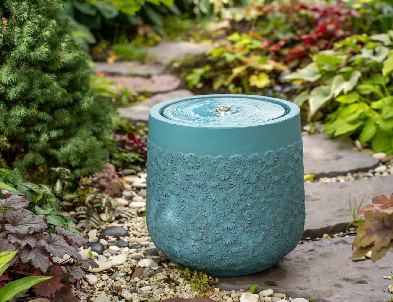 Декоративный садовый мини-фонтан TURKISH CHAMOMILE, искусственный камень, лазурный, тёплая белая LED-подсветка, 35х37 см, Kaemingk 892928